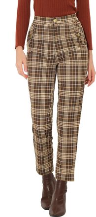 Allegra K Damen Vintage Tartan Plaid Hosen Elastische Taille Gerade Lange Hosen, Braun/Beige, M