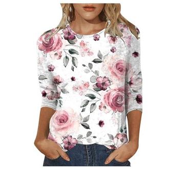 Generic T-shirt d&eacute;contract&eacute; pour femme avec imprim&eacute; floral, col rond, manches 3/4, coupe ample, Rose, 3XL
