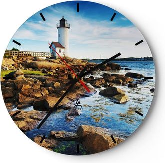 Arttor Modern Wanduhr Leuchtturm Ufer Wolke Landschaft 40x40cm Rund Groß Wand Uhr Glas Analog Zimmeruhren Küche Büro Wohnzimmer Glasuhr Wall Clock Dekoration