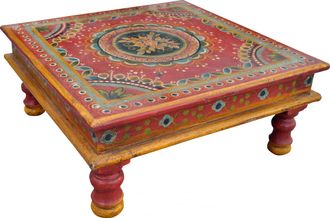 Guru Shop Bemalter Kleiner Tisch, Minitisch, Blumenbank - Ornament Rot, 16x38x38 cm