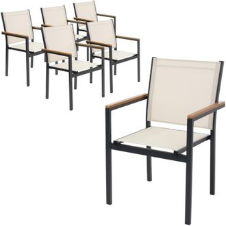 ML Design ML-Design Lot de 6 Chaises de Jardin avec Accoudoirs Aspect Bois, Beige, Structure en Aluminium Anthracite, Fauteuils en Textil&egrave;ne, Si&egrave;ge Empilable