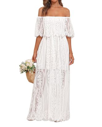Holipick Damen Schulterfreies Maxikleid aus Spitze, Boho, Hochzeit, Gast, Brautjungfer, Strand, formelles langes Kleid, Weiss/opulenter Garten, XX-Large