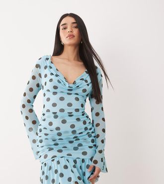 KAIIA Exklusives, lang&auml;rmliges Minikleid in Blau und Schwarz mit Mesh-Overlay, Wasserfallausschnitt, asymmetrischem Saum und Polka Dots-Bunt