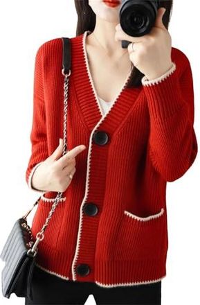 Generic Pull dhiver en tricot &agrave; col en V pour femme - Manches longues - Style d&eacute;contract&eacute;, Rouge, XS