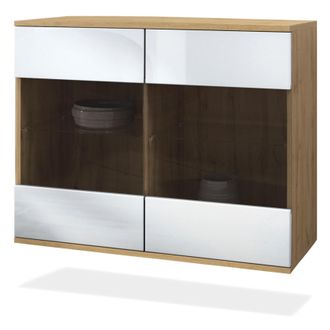 Vladon Kommode Bari V3, Moderner Küchenschrank mit 2 großen Glastüren Eiche Evoke/Weiß Hochglanz (92,5 x 73.5 x 35)