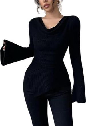 Generic Y2K Bell Haut &agrave; manches longues et &eacute;paules d&eacute;nud&eacute;es pour femme - Asym&eacute;trique - Tricot c&ocirc;tel&eacute; ajust&eacute; - Pull de travail d&eacute;contract&eacute;, Noir, XXL