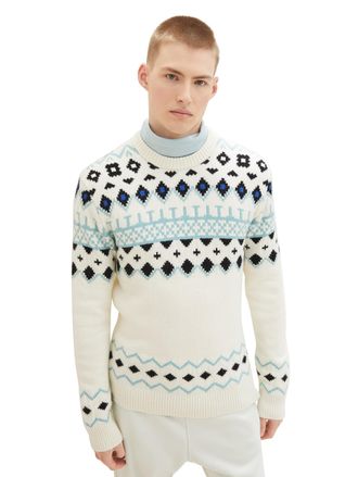 Tom Tailor Herren Norweger Strickpullover mit Jaquard-Muster, Wool White, M