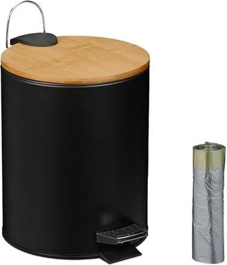 Relaxdays Kosmetikeimer 5 L, Absenkautomatik, Inneneimer entnehmbar, Badmülleimer, Metall, Bambus, Müllbeutel, schwarz