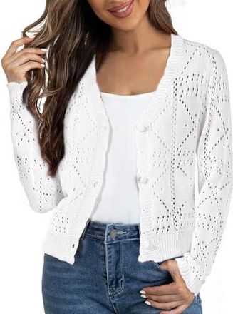 Allegra K Cardigan en Tricot Femme Gilet Court au Crochet Boutonné à Manches Longues Pull Léger à Col en V Ajouré Blanc L