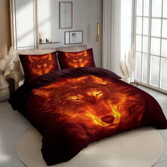 Generic Bettwäsche Set Fantasie Flamme Wolf Rötlich Braunes, Microfaser Bettbezug mit verstecktem Reißverschluss, Superweiche Pflegeleicht Wendebettwäsche-Set