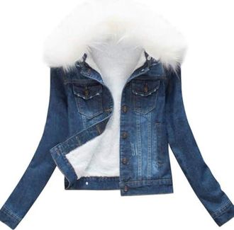 Generic Veste en jean pour femme doubl&eacute;e en fausse polaire, manteau en jean dhiver court avec col en fausse fourrure d&eacute;tachable (Bleu profond - blanc,TP)