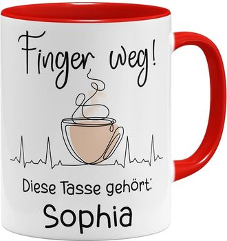 OM3 bedruckte Kaffee-Tasse mit Spruch - Finger weg diese Tasse geh&ouml;rt Wunschname - personalisierbar | Keramik Becher | 325ml | Beidseitig Bedruckt | Rot