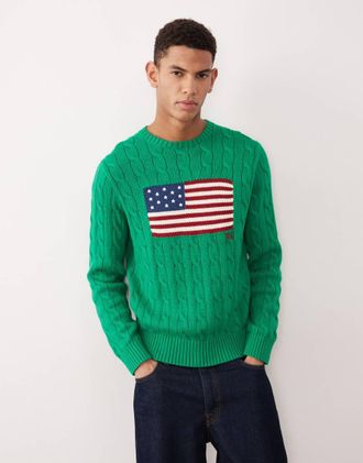 Polo Ralph Lauren Team USA - Baumwoll-Strickpullover in Gr&uuml;n mit Flaggenlogo auf der Brust und Zopfmuster