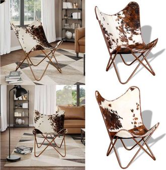 vidaXL Butterfly-Sessel Braun und Wei&szlig; Echtes Kuhfell - Butterfly Sessel - Vintage Sessel - Ledersessel - Designerstuhl - Wohnzimmersessel - Home & Living