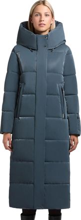 Khujo Damen warmer Wintermantel lang Steppmantel mit gro&szlig;er Kapuze aus gl&auml;nzendem Material Soulani5 Shiny Dim Blue Gr. M