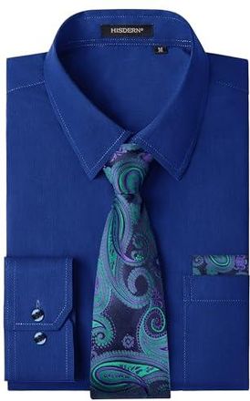 Hisdern Chemise Hommes Bleu Royal Chemise Homme Manches Longues avec Cravate Formelle Business Casual Mariage avec Poche Regular Slim Fit 3XL