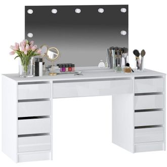 Vente-Unique Coiffeuse double avec miroir &agrave; LEDs - 9 tiroirs - Blanc brillant - JENEMI