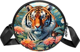 Generic Petit sac &agrave; bandouli&egrave;re rond pour femme, motif fleur de tigre, sac &agrave; dos avec fermeture &eacute;clair, bretelles r&eacute;glables, sac &agrave; main rond d&eacute;contract&eacute; pour 