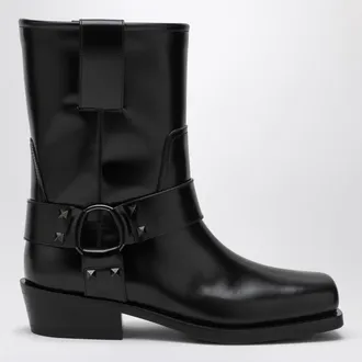 Valentino Garavani Schwarzes Leder Biker Rockstud Stiefel niedrig