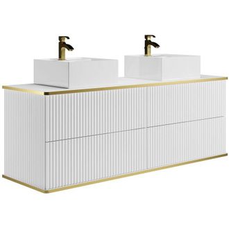 Vente-Unique Vente-unique - Meuble de salle de bain suspendu stri&eacute; liser&eacute; dor&eacute; avec double vasque &agrave; poser carr&eacute;e - Blanc - 150 cm - keliza