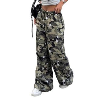 Generic Pantalon camouflage pour femme - Jambes larges - Pantalon de style urbain avec taille élastique pour la mode urbaine et le confort décontracté, vert m
