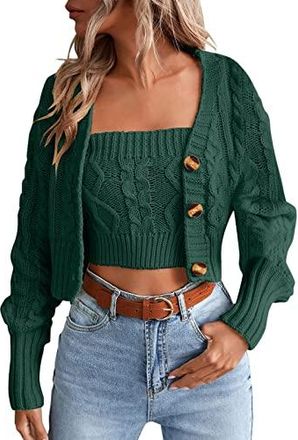 Generic Bol&eacute;ro court, cardigan en tricot torsad&eacute; pour femme, cardigan tendance boutonn&eacute; et haut tube, cardigan classique &agrave; manches longues, v&ecirc;tements dext&eacute;rie