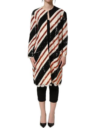 Dolce & Gabbana Womens Multicolor Stripe Sequin Duster Coat Jacket Nylon Cotton Viscose Clothing