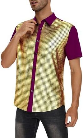 Generic Chemise d&eacute;t&eacute; scintillante &agrave; manches courtes et col &agrave; revers pour homme - T-shirt &agrave; paillettes - Grande taille - Doux &agrave; porter - Costume de f&ecirc;te disco 