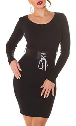Koucla Mini robe d&eacute;contract&eacute;e en maille c&ocirc;tel&eacute;e &agrave; manches longues avec ceinture, Noir, taille unique