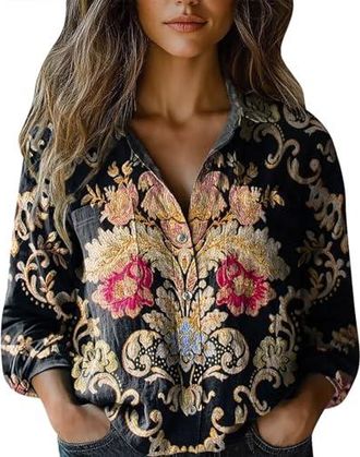 Generico Chemise Femme Curvy Manches Longues T Shirt Coton Et Lin D&eacute;contract&eacute; Respirant Chemisier Col en V Classique Blouse Vintage Imprim&eacute; avec Boutons L&eacute;ger 