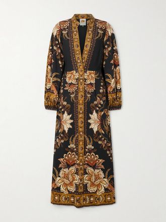 Farm Rio Majestic Garden Maxikleid Aus Twill Mit Blumenprint Und Falten - Schwarz