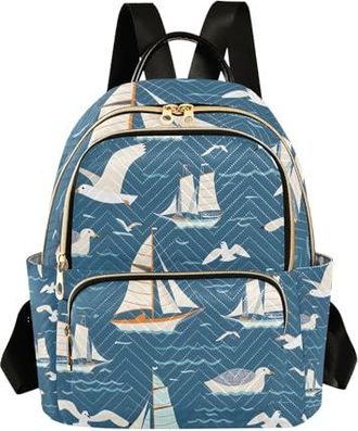Mnsruu Mini sac à dos pour femme, motif voilier et mouette, bleu océan, petit sac à dos tendance pour femme, sac à dos décontracté, Multi1136, M