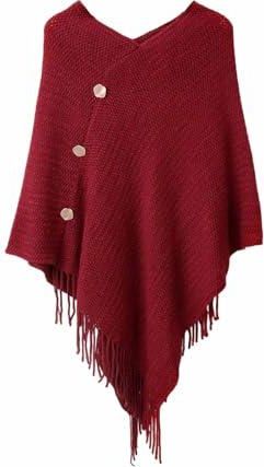 Generic Poncho Femme Hiver Chaud Chale Femme Hiver Chaud Cape Femme Effet enveloppant Ch&acirc;le Tricot&eacute; Ajour&eacute; Boutons Franges L&eacute;ger Superposition Douce