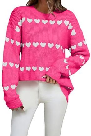 Generic Pull imprim&eacute; pour femme - Haut tricot&eacute; d&eacute;contract&eacute; - Col rond - Manches longues - Pull de Saint-Valentin, rose vif, XL
