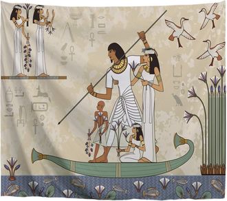 A.Monamour Wandteppiche Alte Ägypten Banner Ägyptische Hieroglyphe Und Symbol Anubis Alte Ägypten Boot Szene Wandbilder Kunstdruck Polyester Stoff Banner Wandbeh