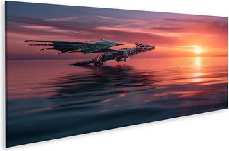 Islandburner Bild auf Leinwand Drache fliegt &uuml;ber Wasser bei Sonnenuntergang f&uuml;r Wohnzimmer Fantasy-Liebhaber Buchhandlung Bilder Wandbilder Poster