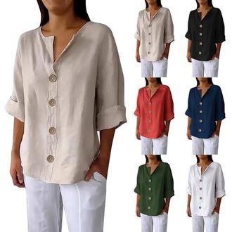 Generic Chemises en lin pour femme - Chemisier &agrave; col en V - Style vintage - Couleur unie - Manches 3/4 - En coton et lin - Tunique ample d&eacute;contract&eacute;e &agrave; bouton