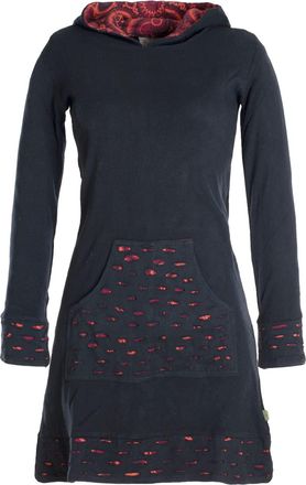 vishes Alternative Bekleidung - Damen Langarm-Shirtkleid Hoodie-Kleid Baumwollkleid Kapuze schwarz-dunkelrot 40-42