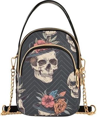 Mnsruu Sac à bandoulière pour femme avec motif crânes, squelette, chapeau floral, sac à main, petit sac à bandoulière avec sangle réglable