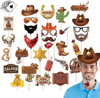 Generic Cowboy-Foto-Requisiten-Set - lustige Fotokabinen-Dekorationen, perfekt f&uuml;r Geburtstage und Partys im Western-Stil | Enth&auml;lt Masken, Plastikwaffen und 