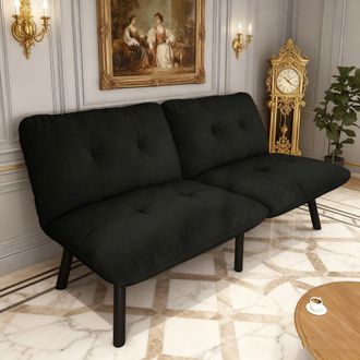Generic Klappbares Sofa-Bett 2-Sitzer Schwarz - Futon-Couch mit Schlaffunktion, platzsparendes Gästebett, modernes Design (Black + Foam + Iron + Metal + Velve
