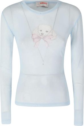Fiorucci Femme, Tops, Bleu, Taille: 38 FR Haut &agrave; manches longues en tulle Poodle