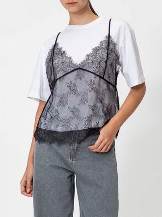 Twinset Baumwoll-T-Shirt mit Spitzeneins&auml;tzen und &uuml;berschnittenen Schultern