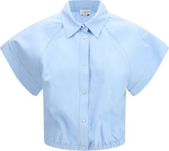 Jacob Cohen Chemise Manches Courtes en Viscose et Lin Ray&eacute;s - Femme - Blouses et Chemises - Bleu - Taille: 40 FR