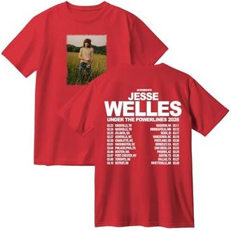 Generic Jesse Welles Under The Powerlines Tour 2026 T-shirt en coton unisexe col rond d&eacute;contract&eacute; &agrave; manches courtes, Rouge, 3XL