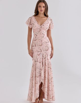 House of CB Amina - Robe longue en georgette imprim&eacute;e roses vintage - Rose