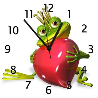 Wallario Design-Wanduhr Verliebter Froschkönig mit großem Herz aus Glas, Motiv-Uhr Größe 30 x 30 cm, Schwarze Zeiger