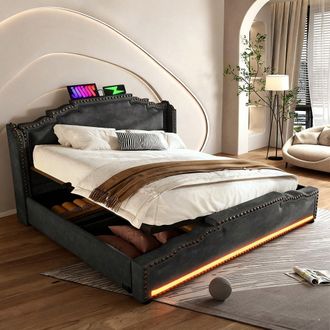 Generic Smartes Polsterbett mit Hydraulikfunktion und LED-Beleuchtung, 160x200 cm Doppelbett mit USB-C-Anschluss, Samtbezug in Beige und Lattenrost, ohne Matr