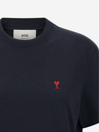 Ami Mens Cotton T-Shirt With Embroidered Logo Navy T-Shirts And Polos