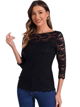 Allegra K Damen Top mit Blumen Spitzen 3/4-&Auml;rmel Rundhals L&auml;ssig Elegant Spitzenbluse Schwarz XL
